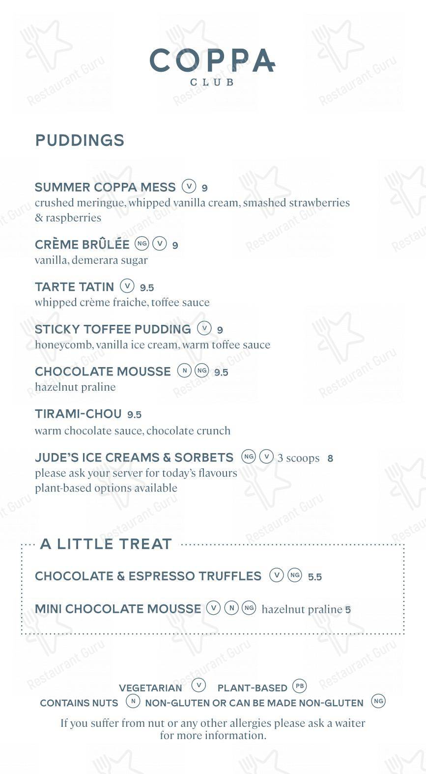Menu at Coppa Club Tower Bridge, London, 3 Lower Thames St