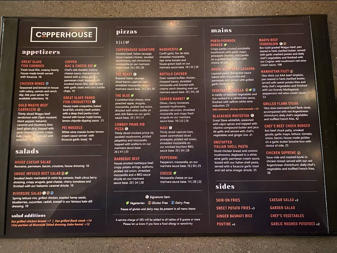 Menu at Copperhouse Eatery + Lounge restaurant, Yellowknife