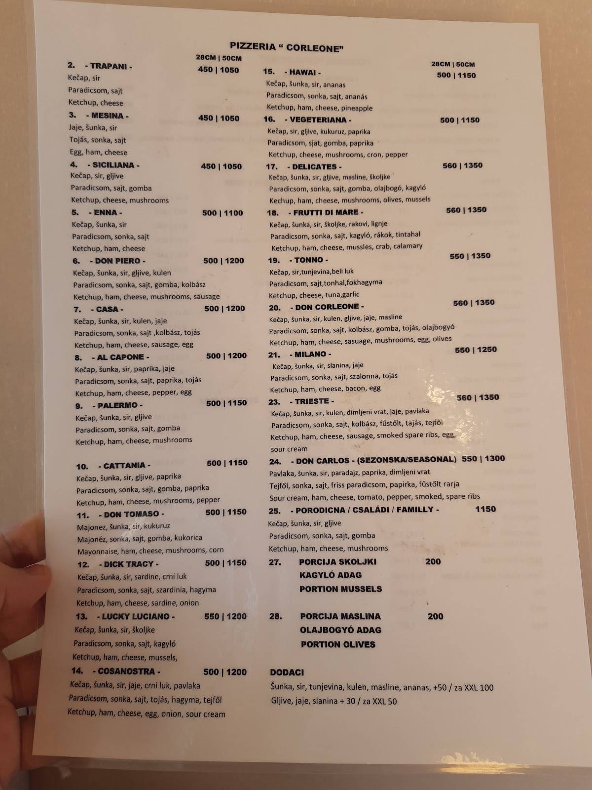 Menu at Corleone restaurant, Palić