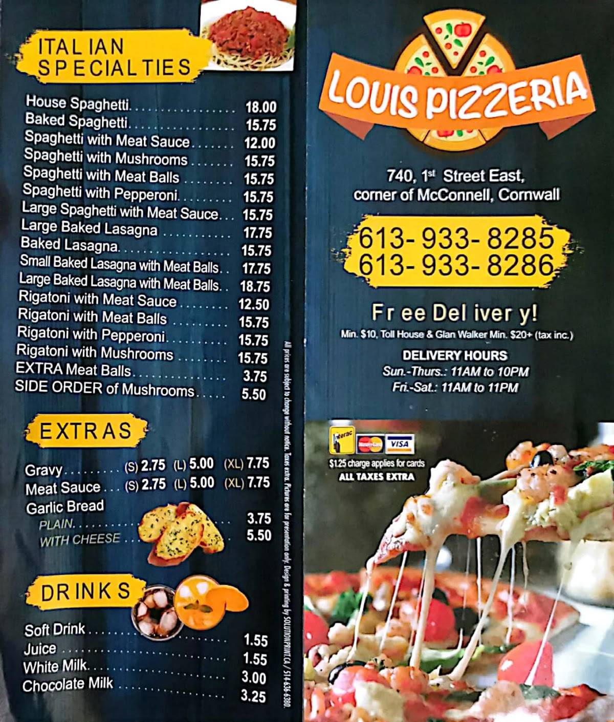 Menu at Louis' Pizzeria, Cornwall