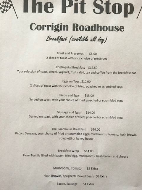 Menu at Corrigin Roadhouse, Corrigin
