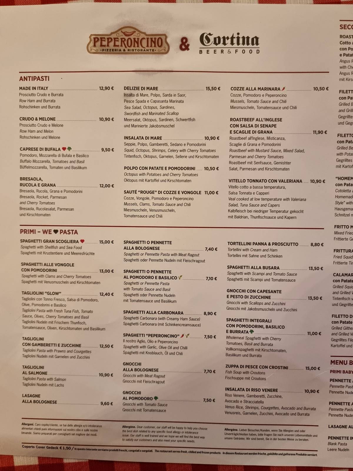 Menu au Cortina Pub, Bibione