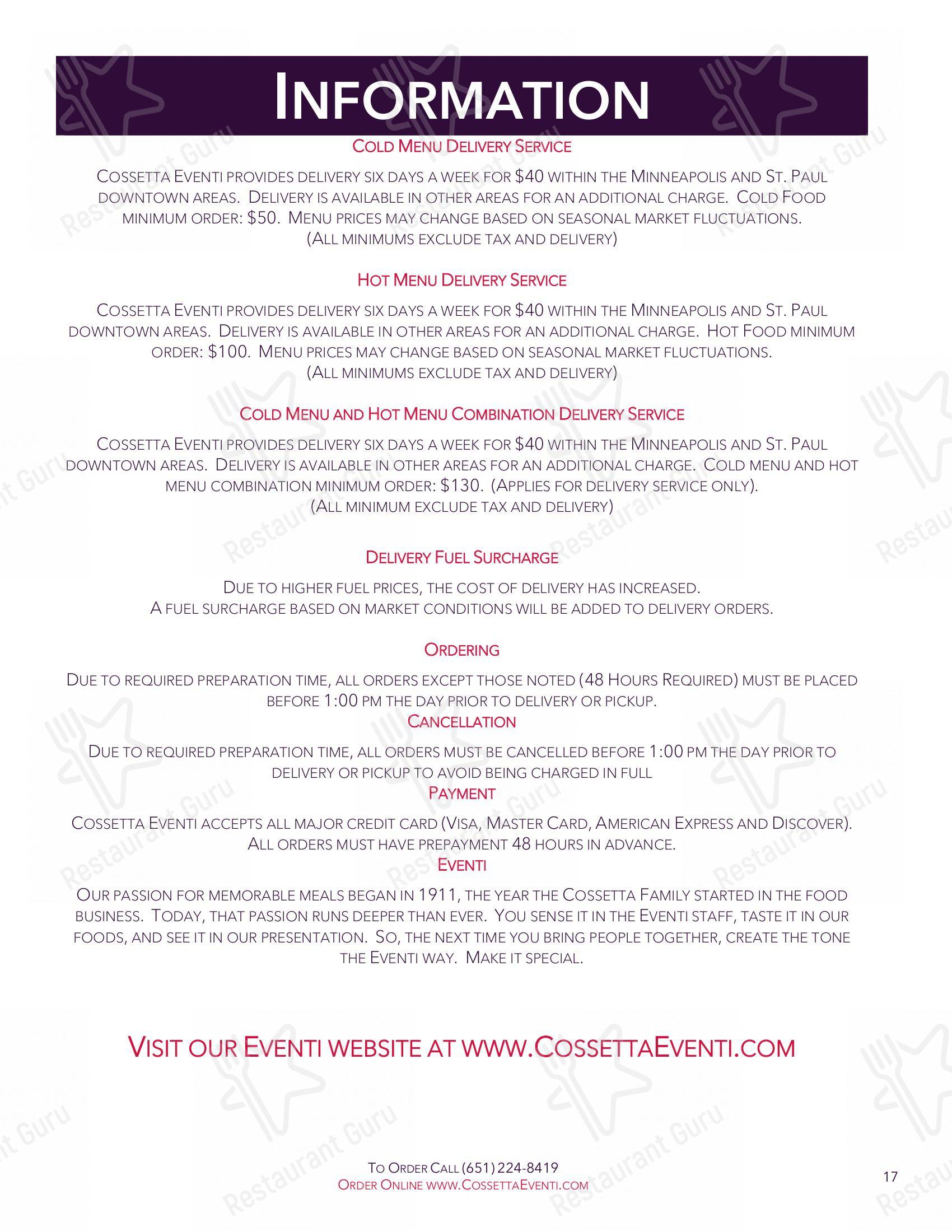 Menu at Cossettas pizzeria, Saint Paul