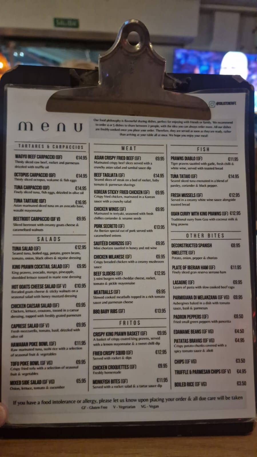 Menu at Solis restaurant, Costa Adeje