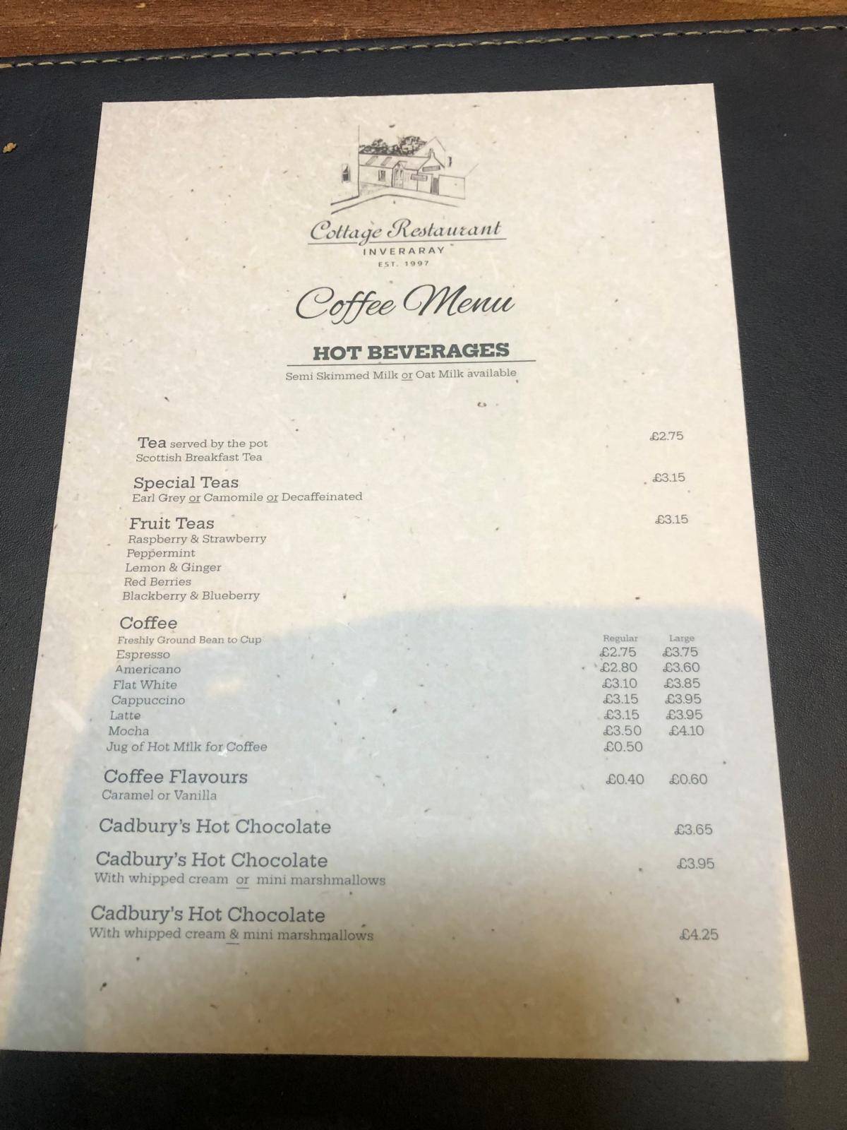Menu at Cottage Restaurant, Inveraray, 1 Main St W