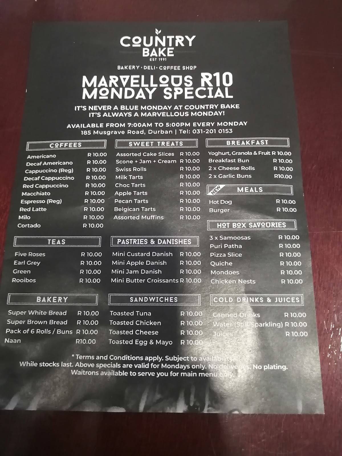 Menu at Country Bake restaurant, Durban, 185 Musgrave Rd