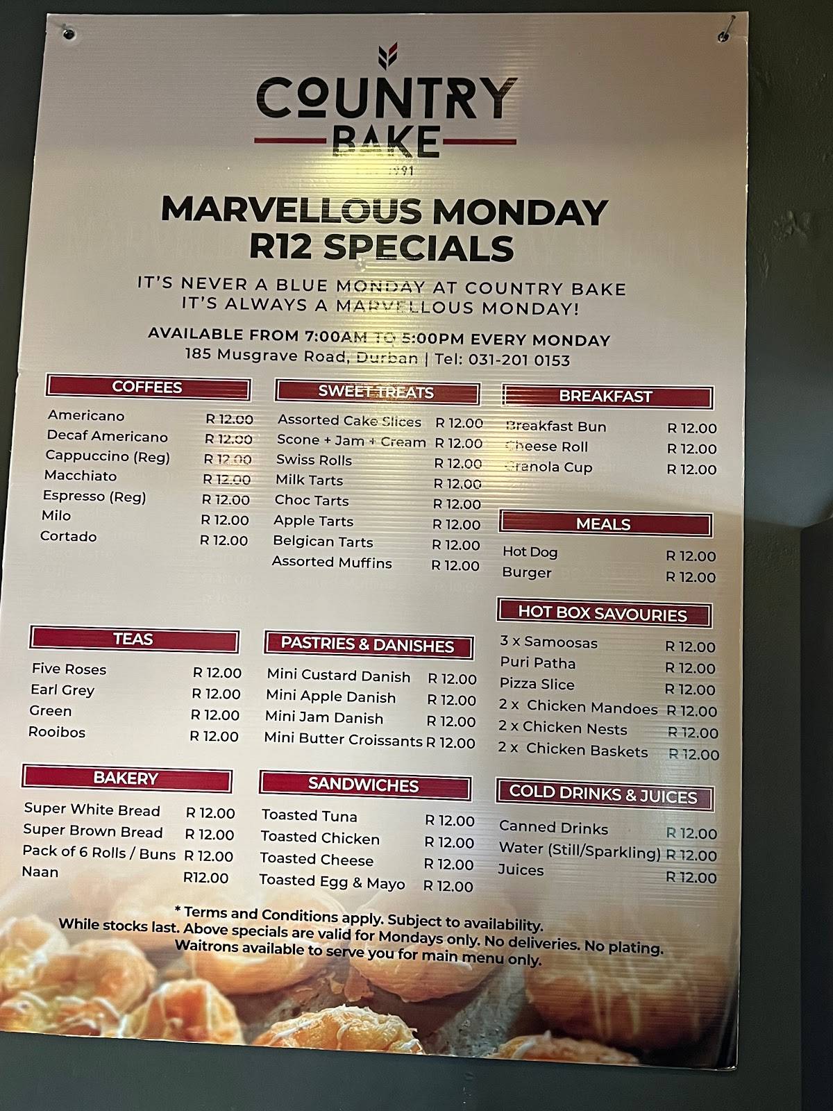 Menu at Country Bake restaurant, Durban, 185 Musgrave Rd