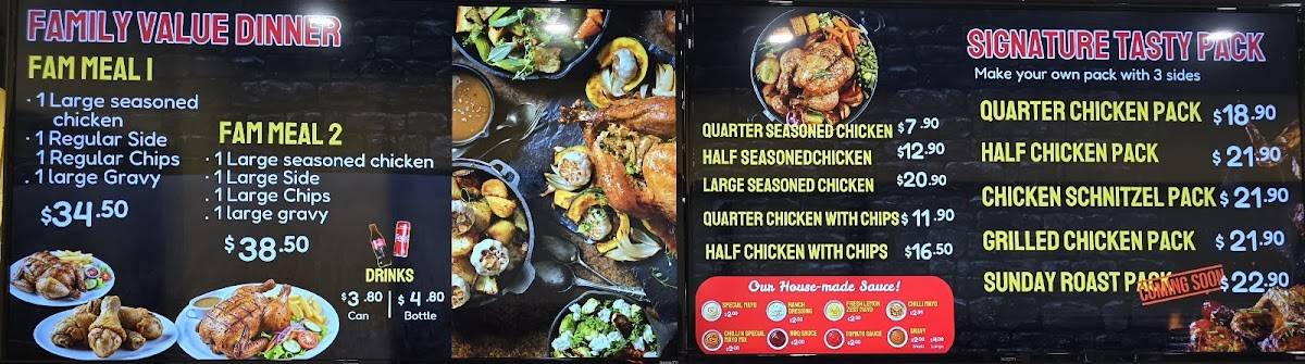 Menu at Country Rooster fast food, Nowra
