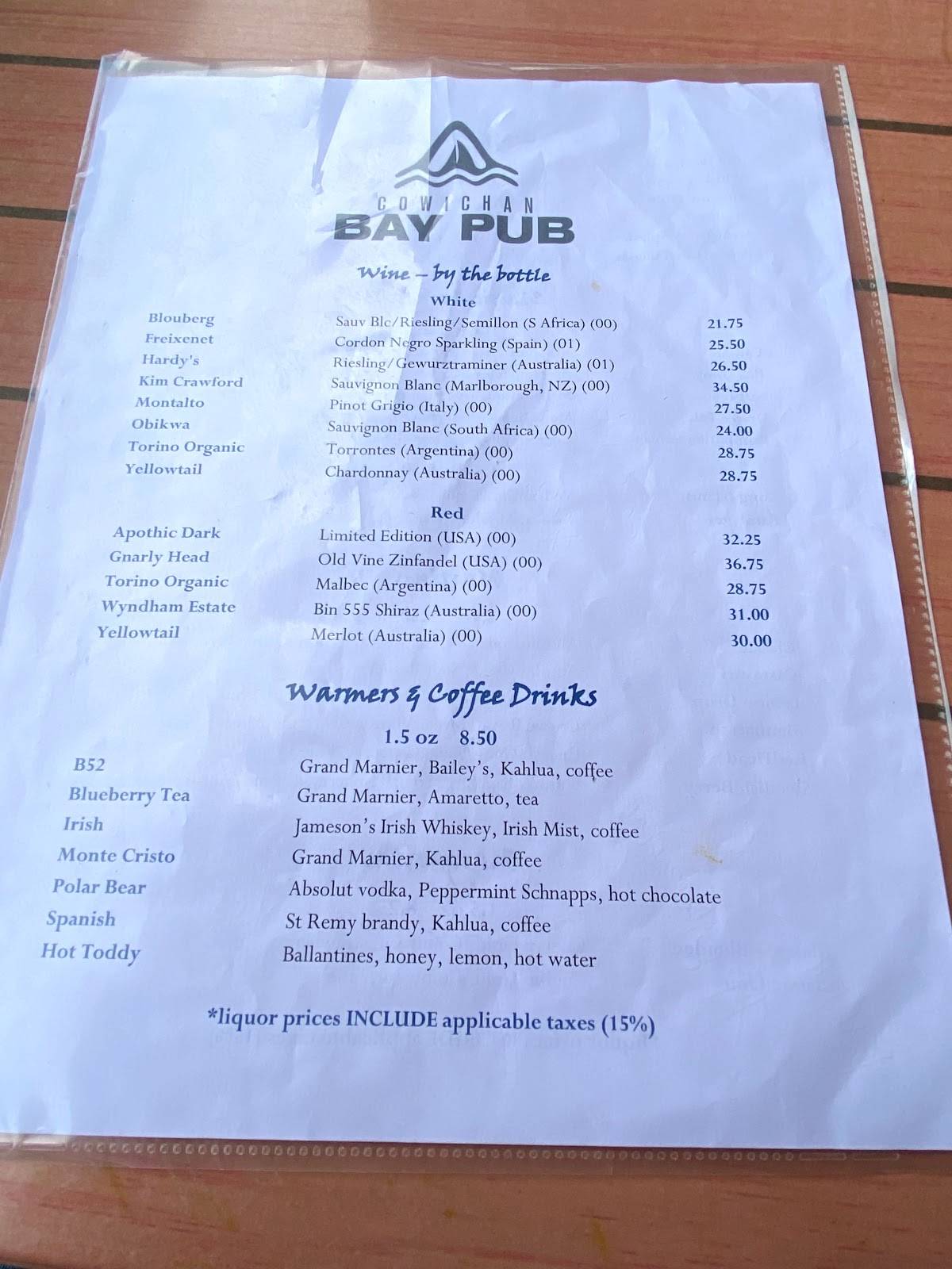 Menu at Cow Bay Marine Pub Inc, Cowichan Bay