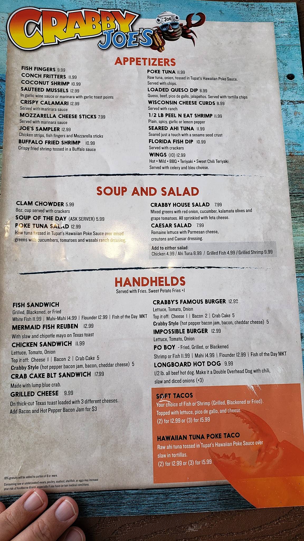 Menu at Crabby Joe's Deck & Grill pub & bar, Daytona Beach Shores