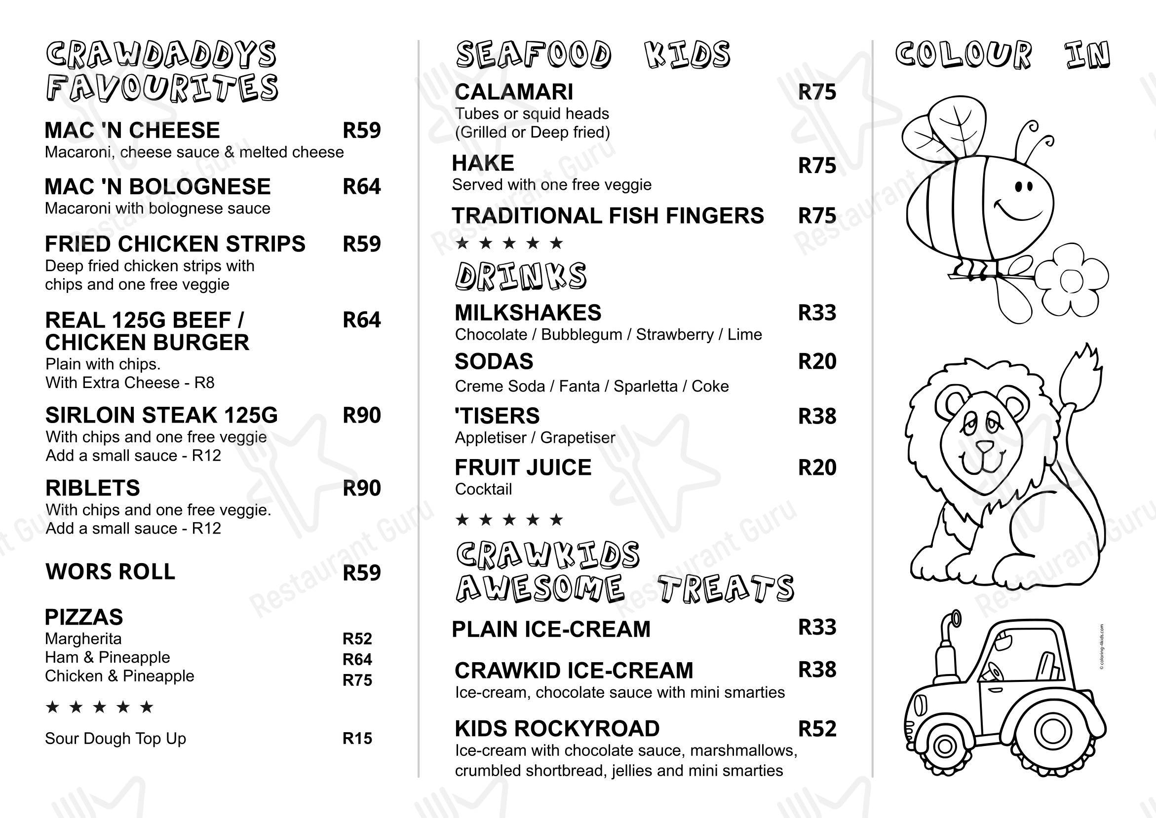 Menu at Crawdaddy's Restaurant, Tzaneen