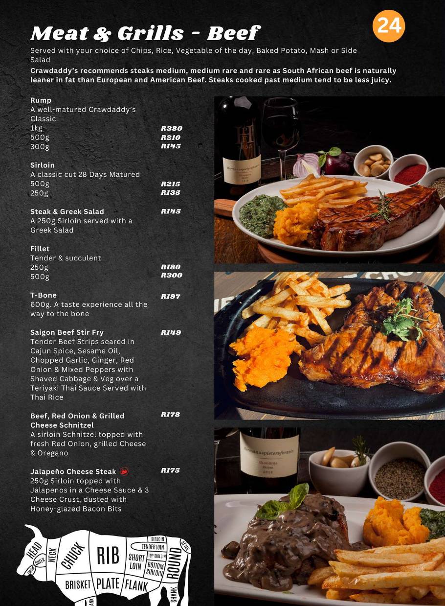 Menu at Crawdaddy's Tzaneen restaurant, Tzaneen