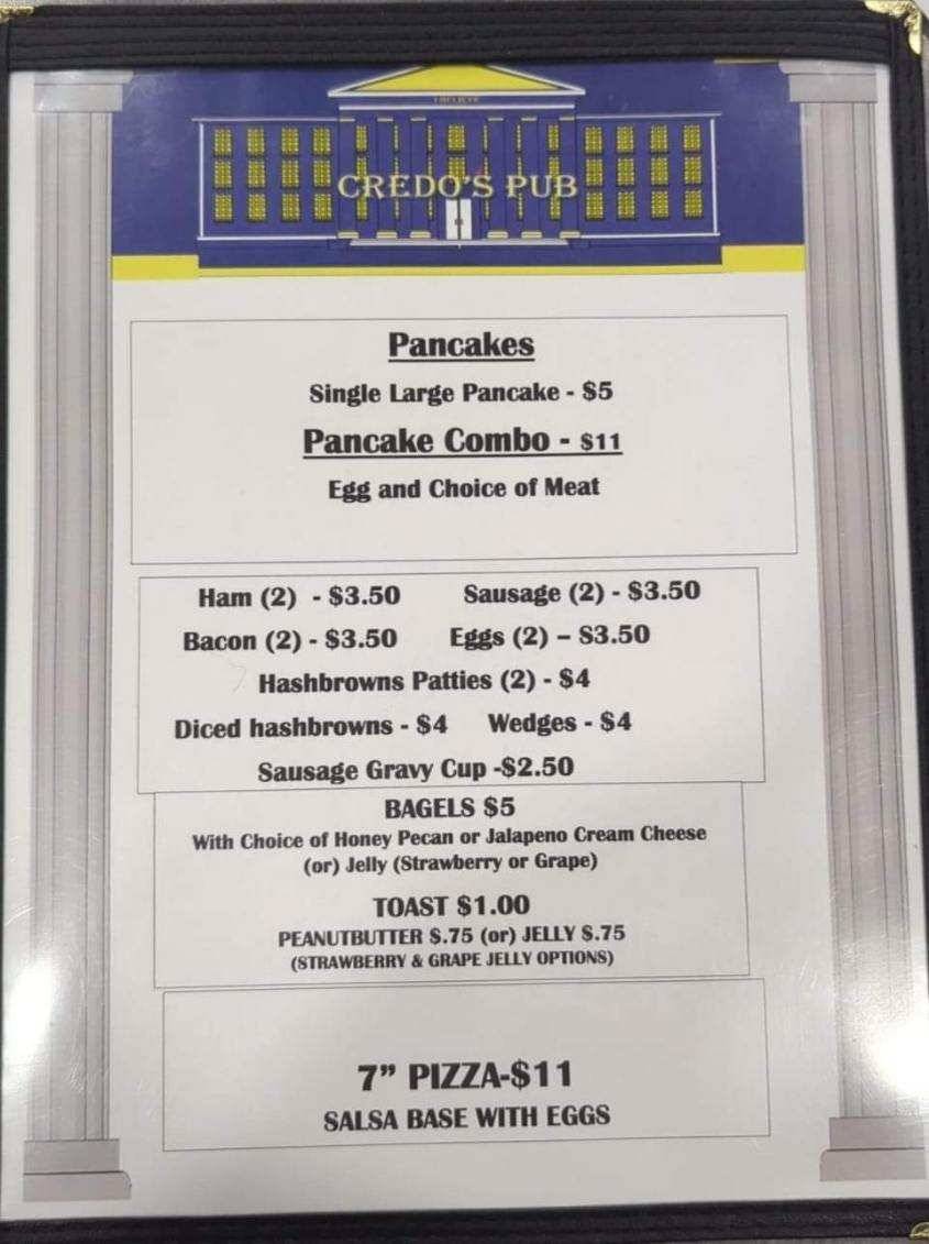 Menu at Credo’s Pub, Sioux Falls