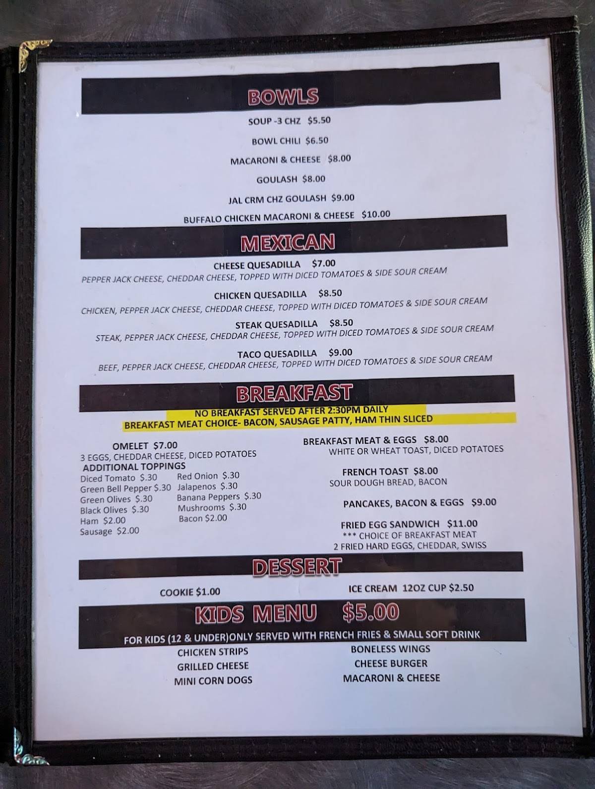 Menu at Credo’s Pub, Sioux Falls
