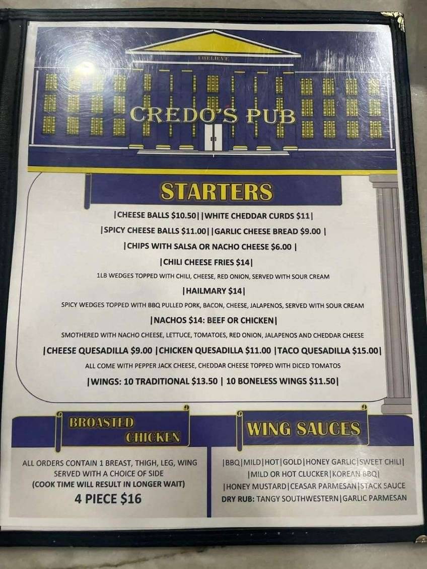 Menu at Credo’s Pub, Sioux Falls