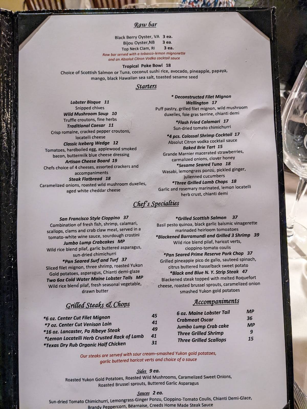 Menu at Creed's Seafood & Steaks pub & bar, King of Prussia