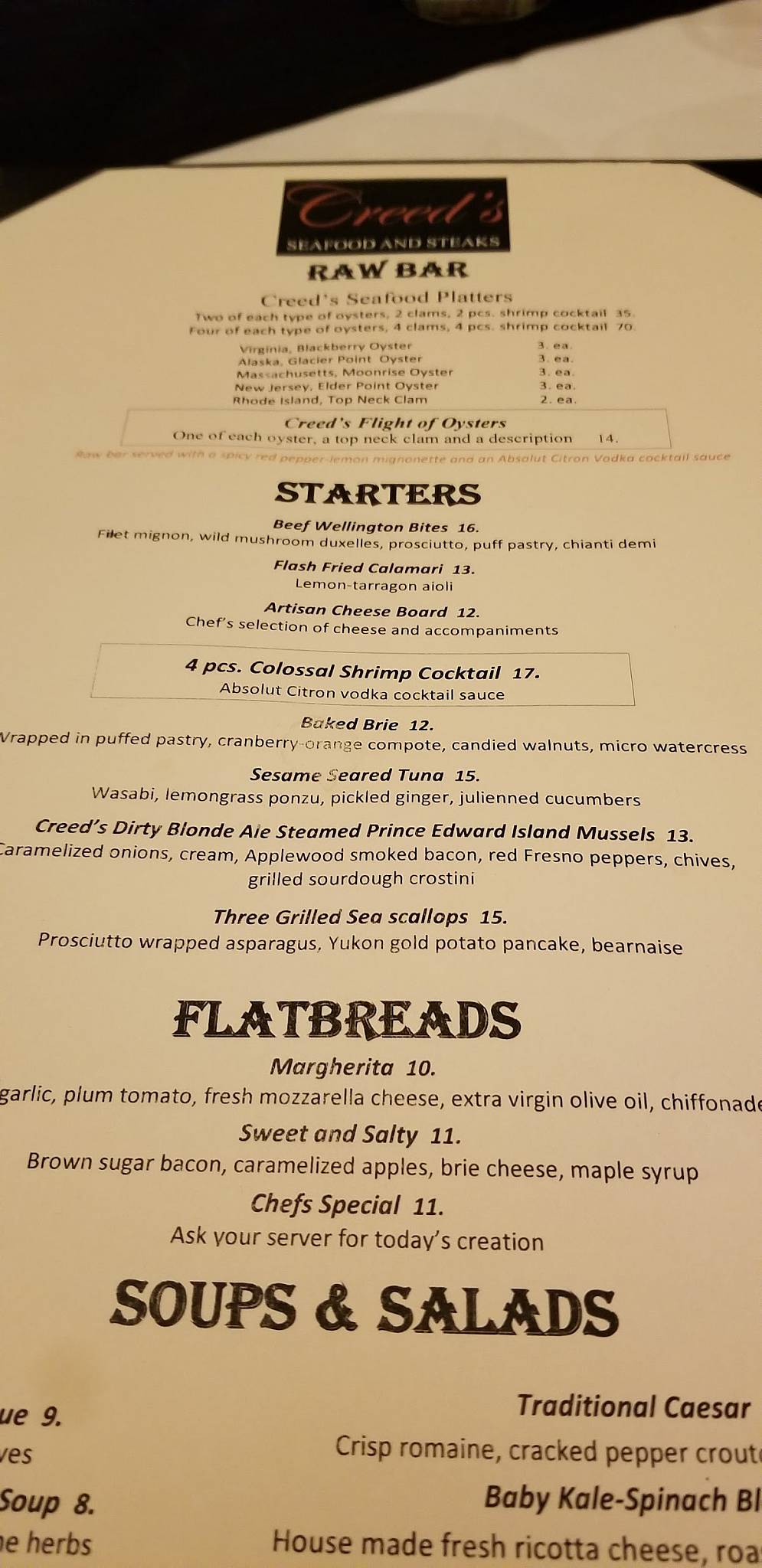 Menu at Creed's Seafood & Steaks pub & bar, King of Prussia