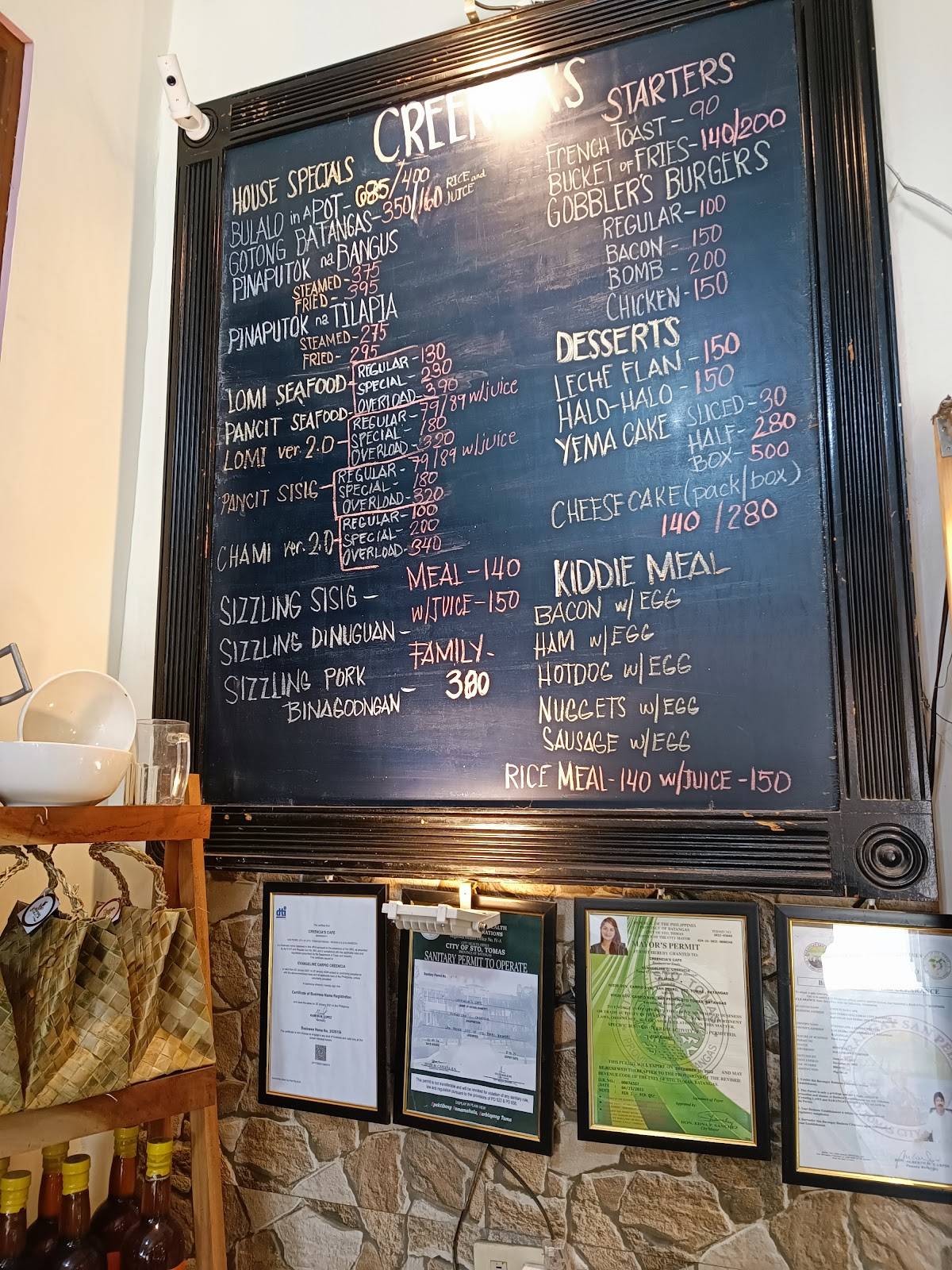 Carta del restaurante Creencia's & Rodillas, Santo Tomas