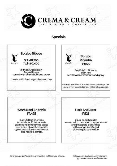 Menu at Crema & Cream Cafe Bistro + Coffee Lab, Quezon City