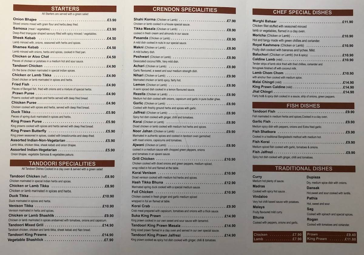 Menu at Crendon Indian Cuisine restaurant, Haddenham