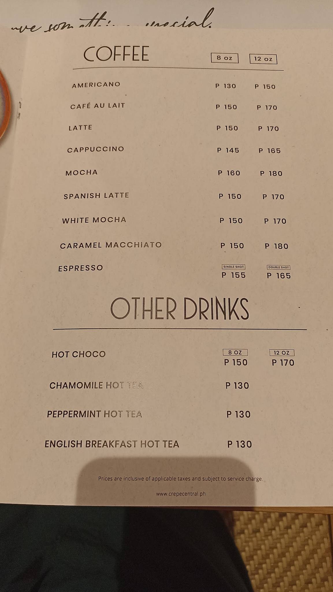 Menu at Crêpe Central restaurant, Quezon City