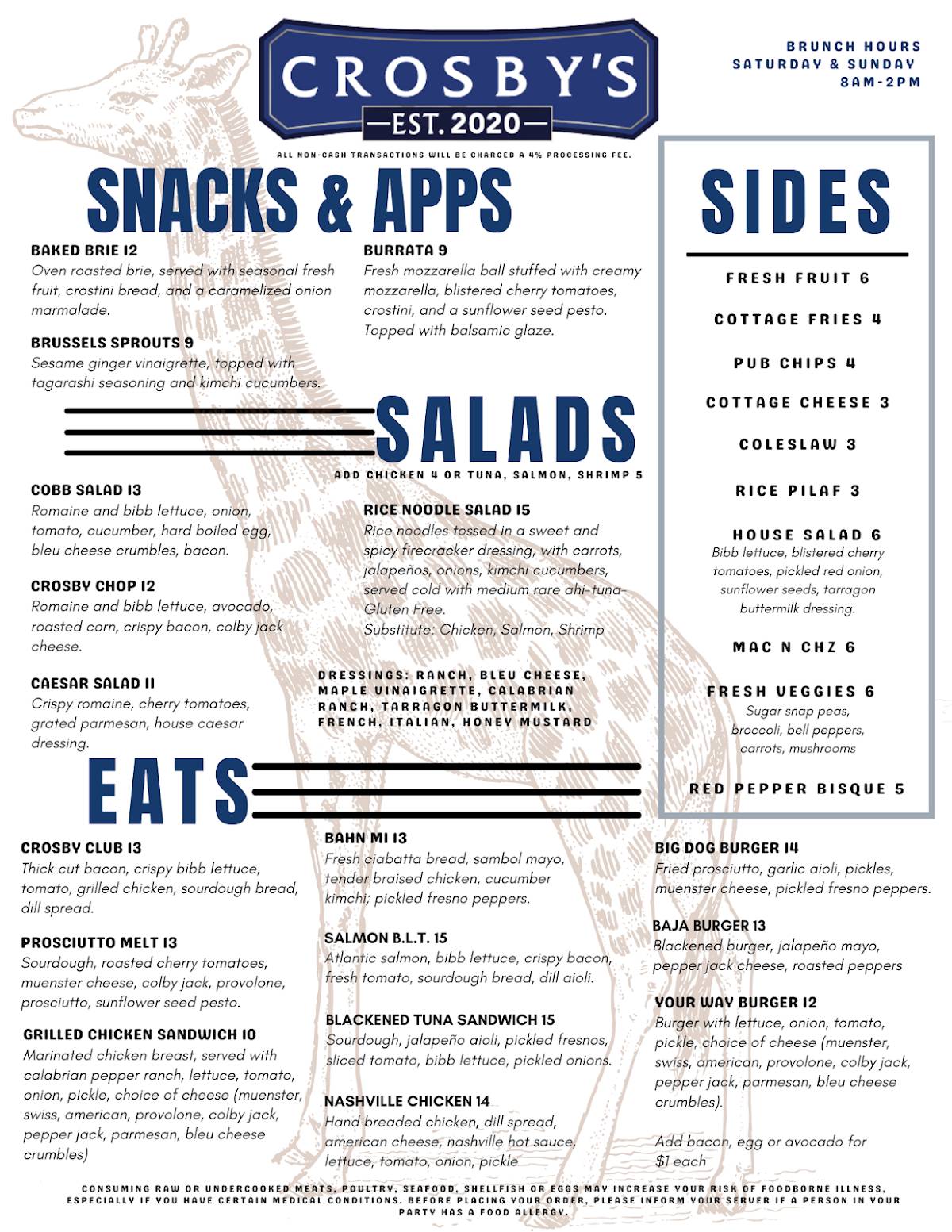 Menu at Crosby's pub & bar, Cedar Rapids