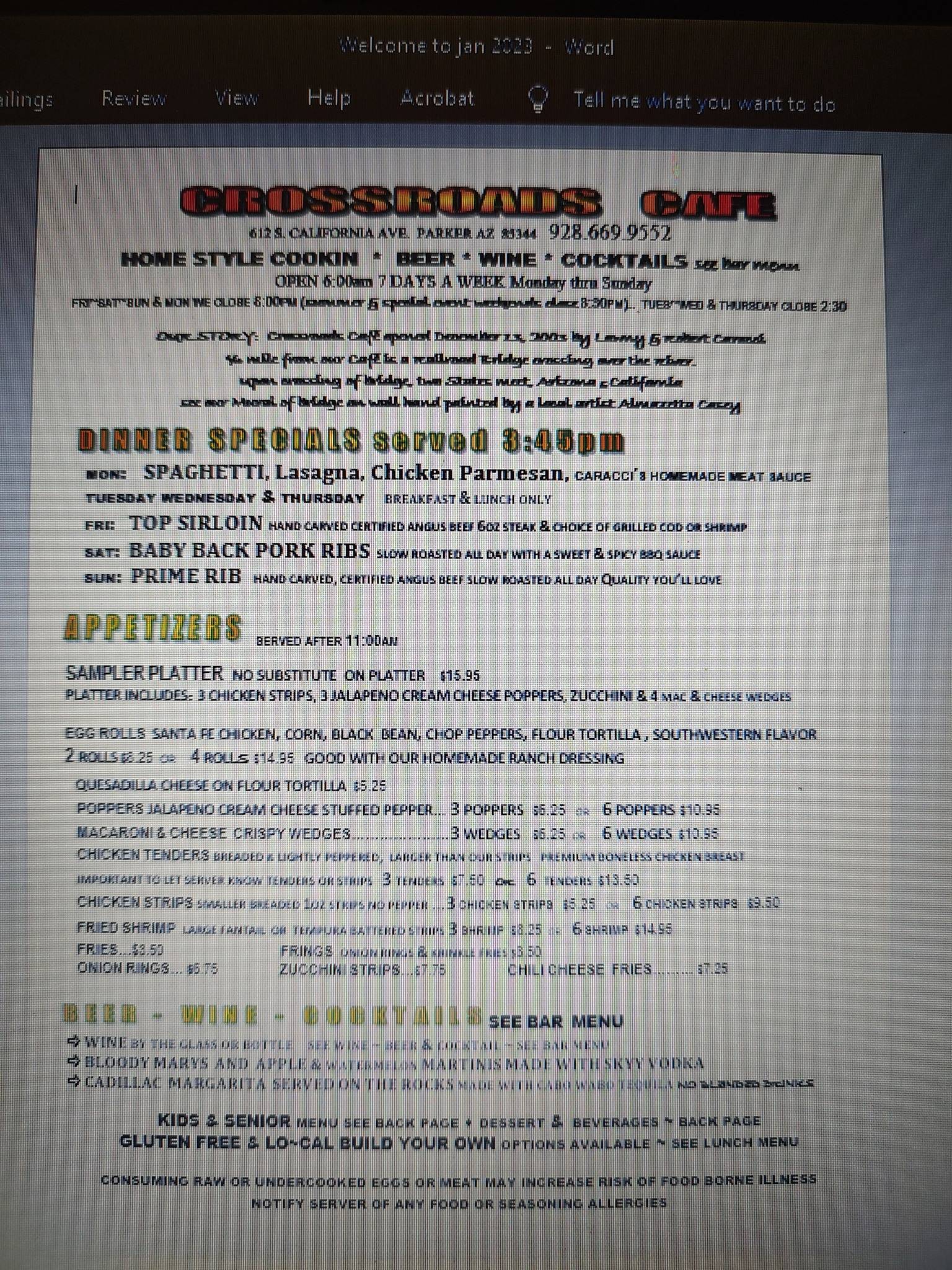 Menu at Crossroads cafe, Parker