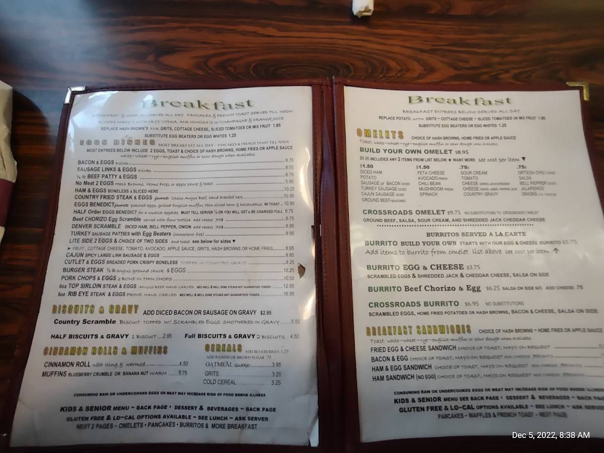 Menu at Crossroads cafe, Parker