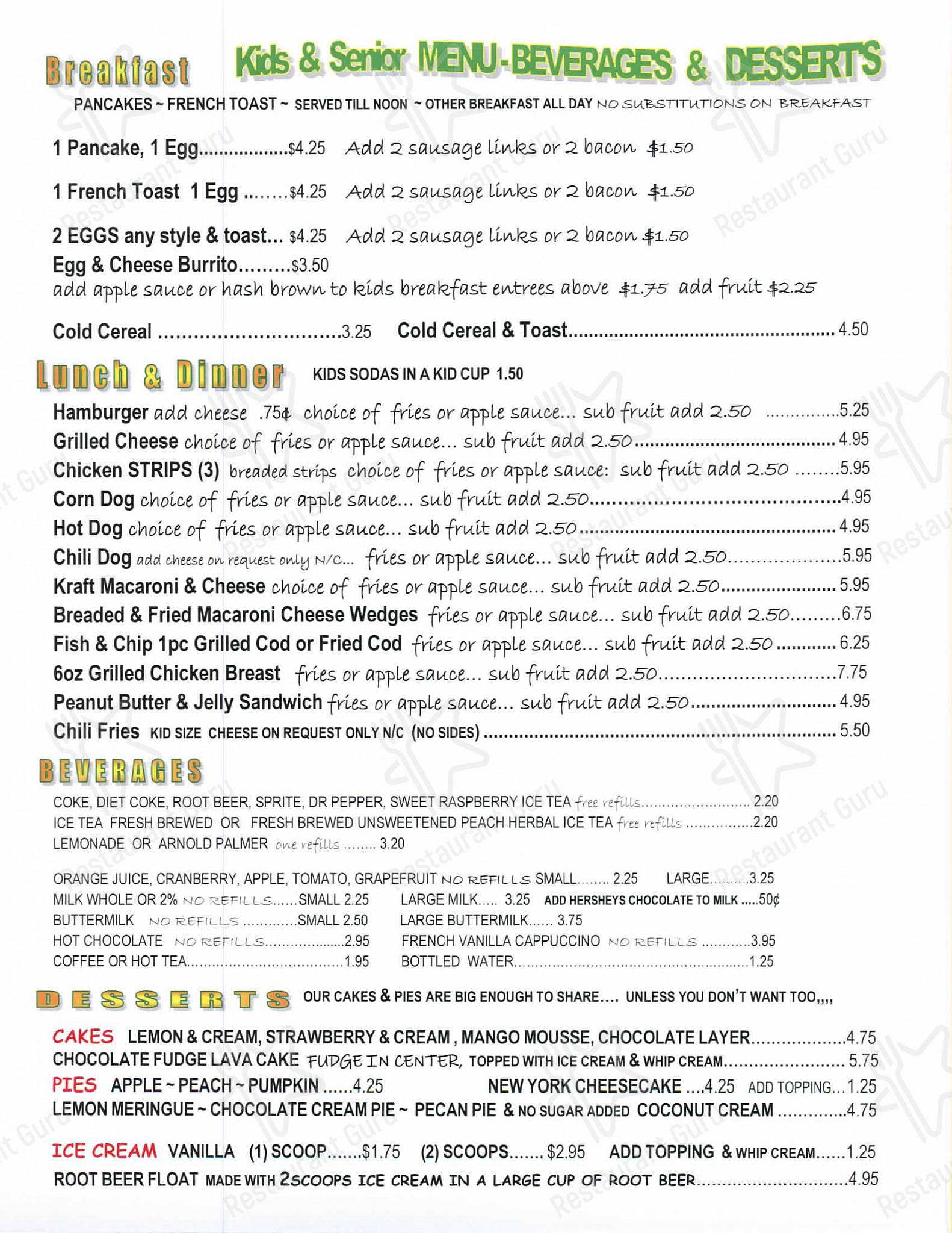 Menu at Crossroads cafe, Parker