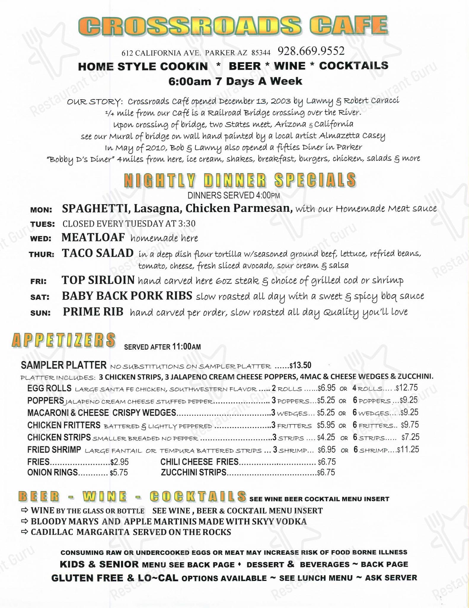 Menu at Crossroads cafe, Parker