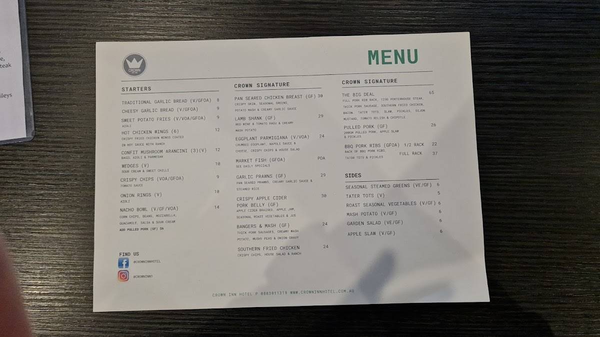 Menu at Crown Inn Old Reynella pub & bar, Old Reynella