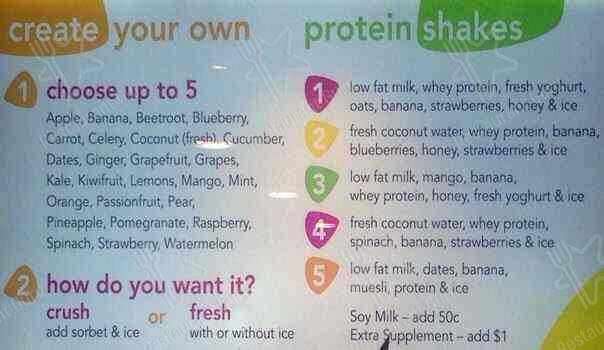 Menu at Crush Juice Bar, Sydney