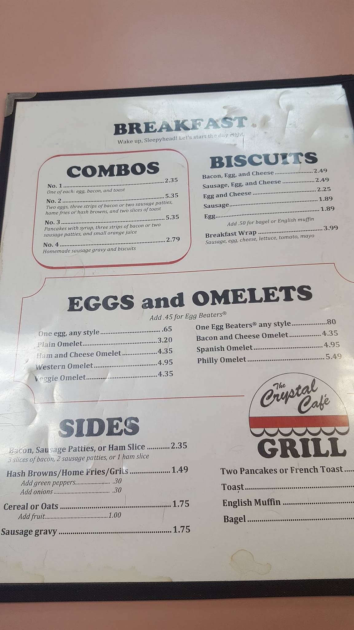 Menu at The Crystal Cafe, Parkersburg