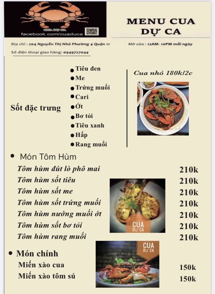 Menu at Cua Dự Ca, Ho Chi Minh City