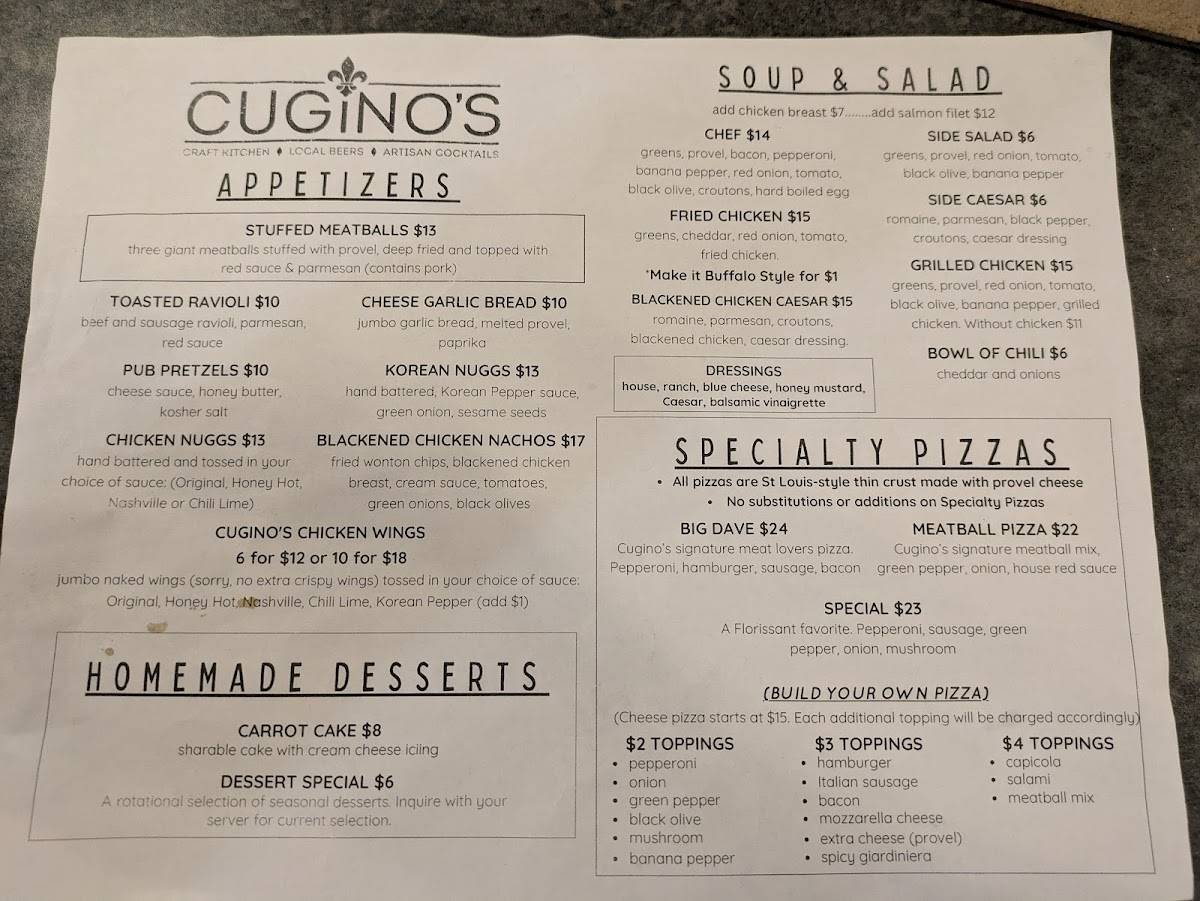 Menu at Cugino's restaurant, Florissant, N Hwy 67
