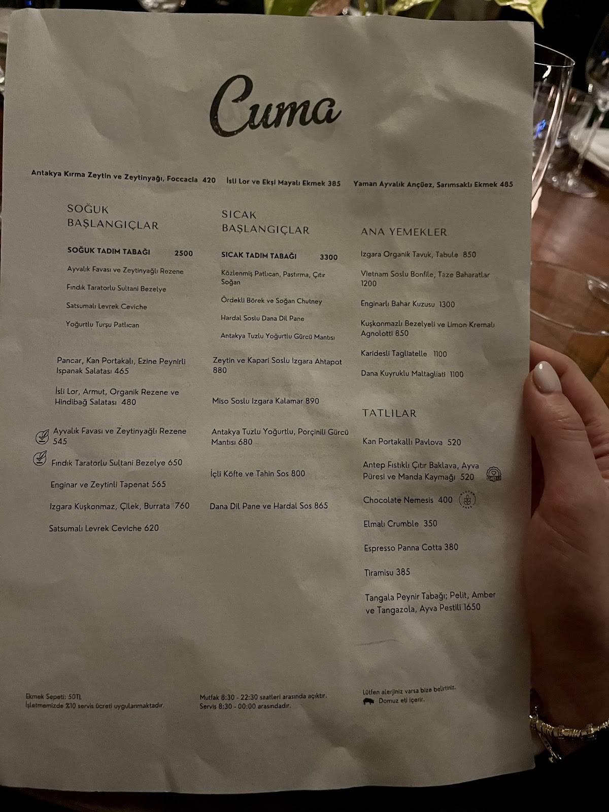 Menu at Cuma, Istanbul, Çukur Cuma Cd. 53/A