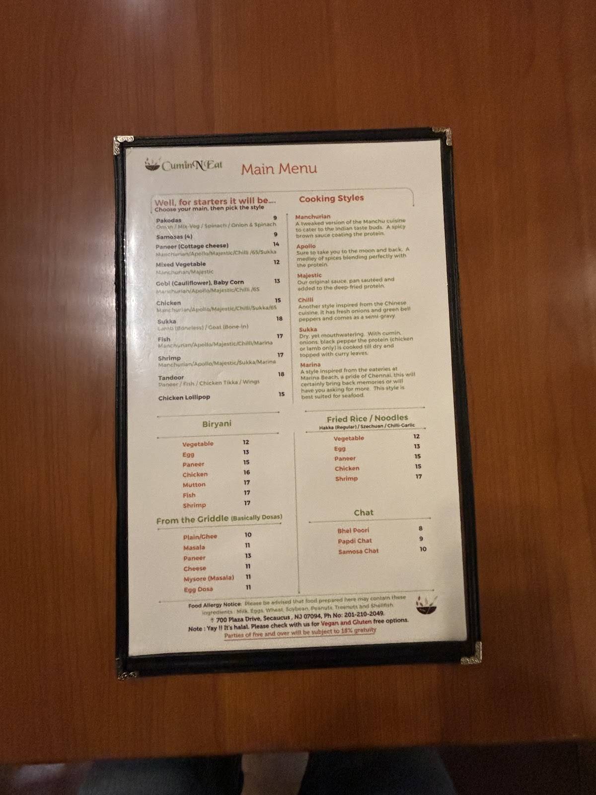 Menu at Cumin N Eat restaurant, Allentown