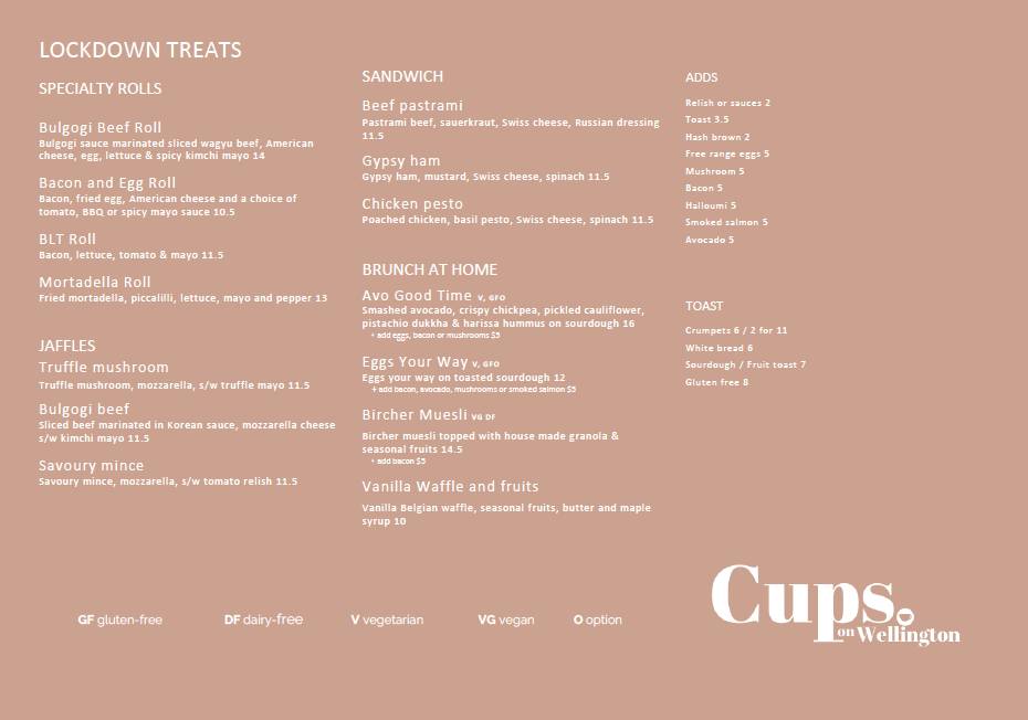 Menu at Cups on Wellington cafe, East Brisbane