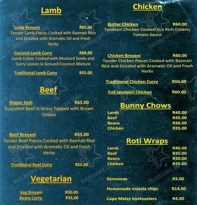 Menu at Curry Up restaurant, Roodepoort, Beacon Road