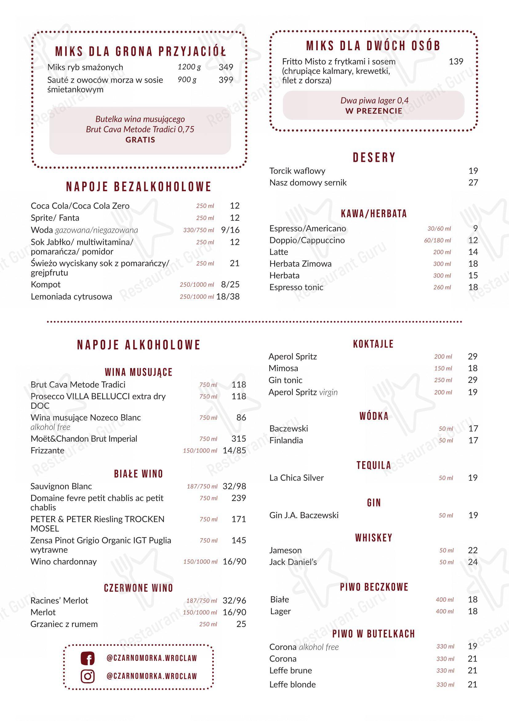 Menu at Czarnomorka restaurant, Warsaw, Nowy Świat 49