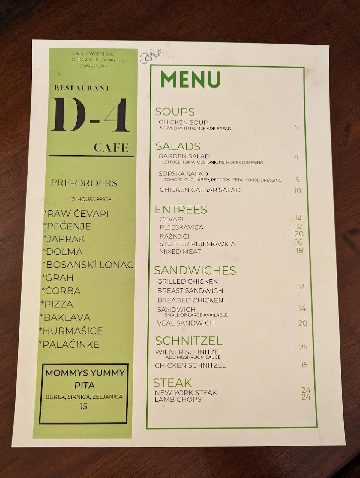 Menu at D 4 Cafe on Western(Bosnian Food), Chicago