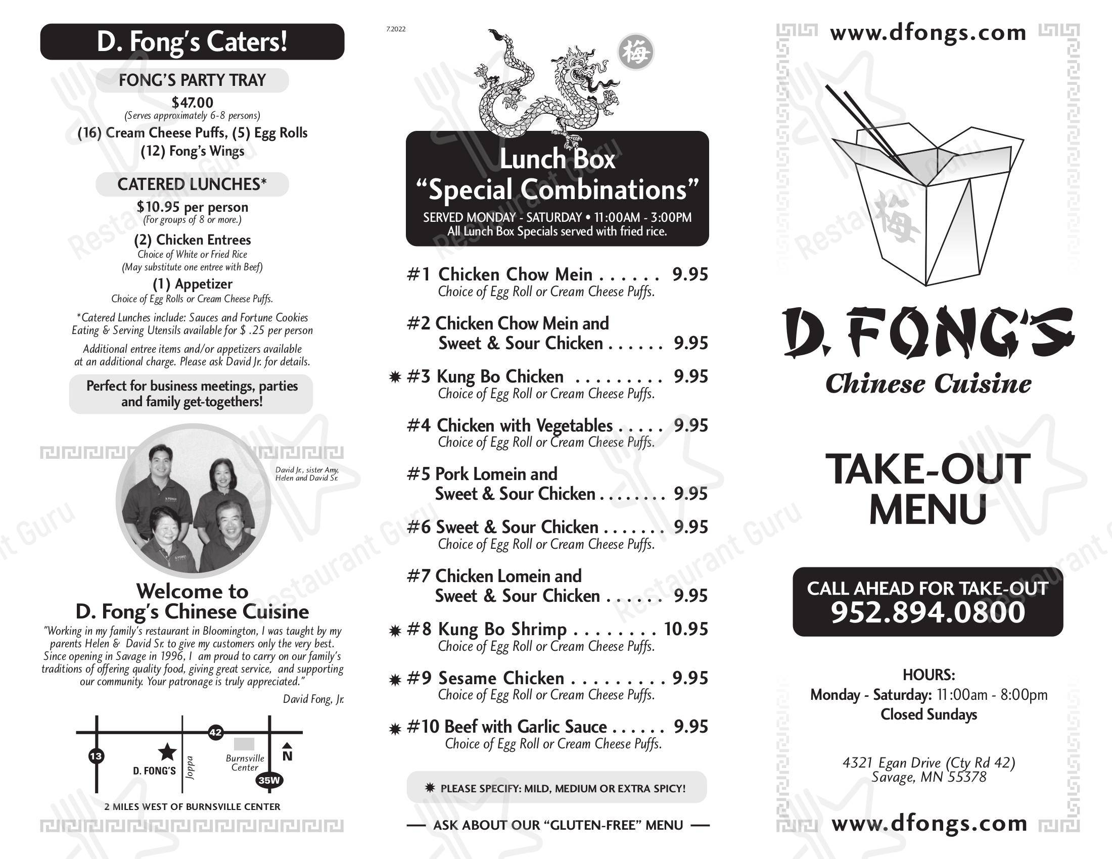Menu at D. Fong's Chinese Cuisine David Fong's Savage restaurant, Savage