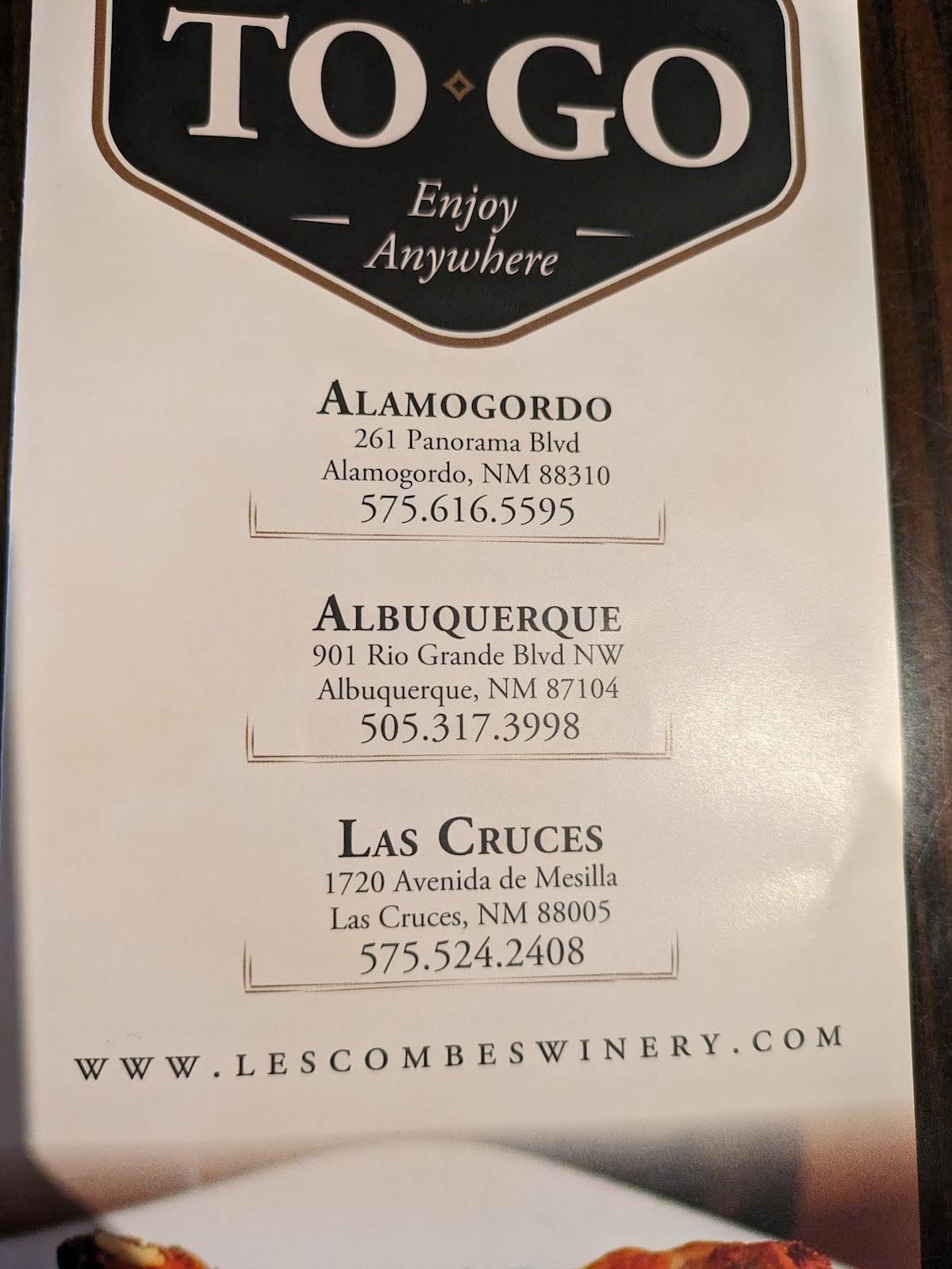 Menu at D. H. LESCOMBES WINERY & BISTRO pub & bar, Alamogordo