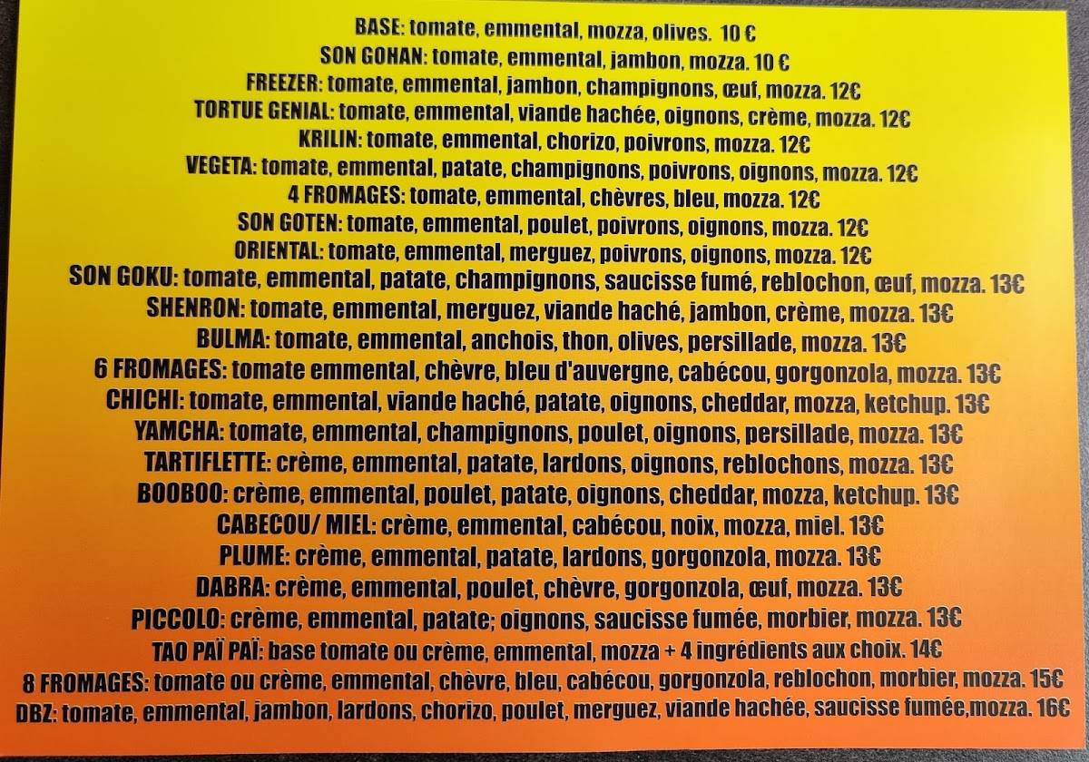Menu au DBZ PIZZA pizzeria, Tignieu-Jameyzieu