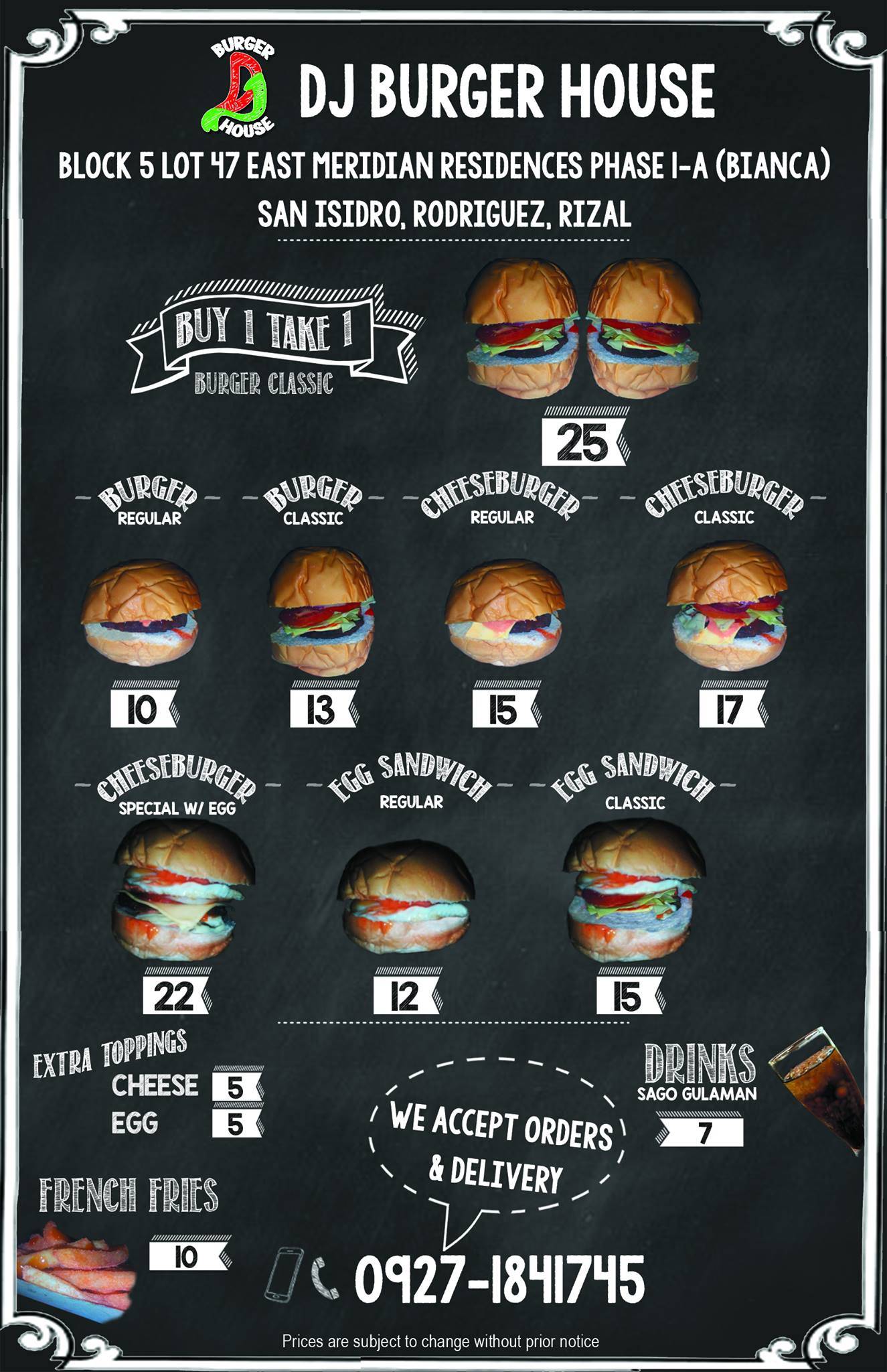 Menu at DJ Burger House restaurant, Rodriguez