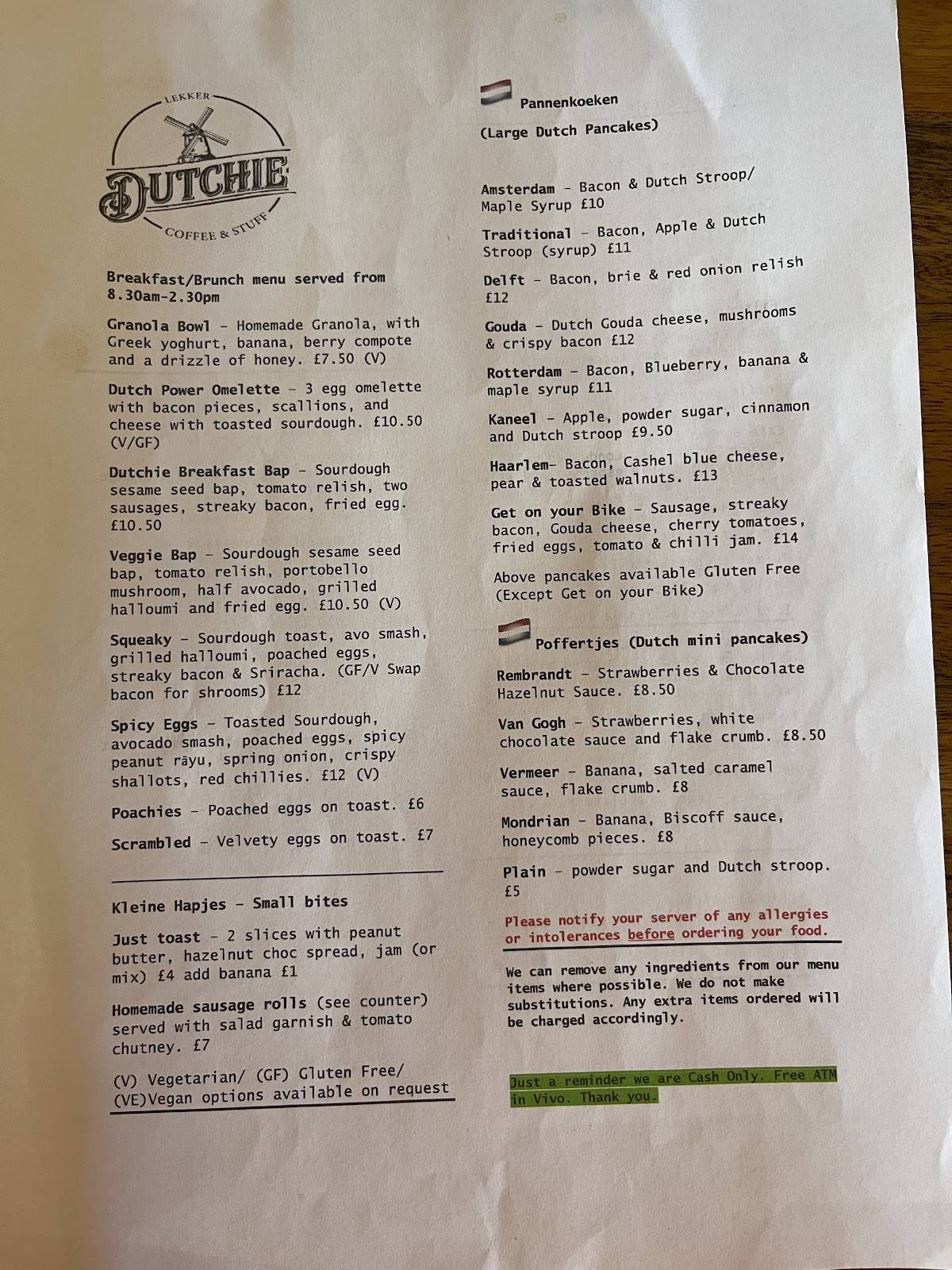 Menu at DUTCHIE restaurant, Greyabbey