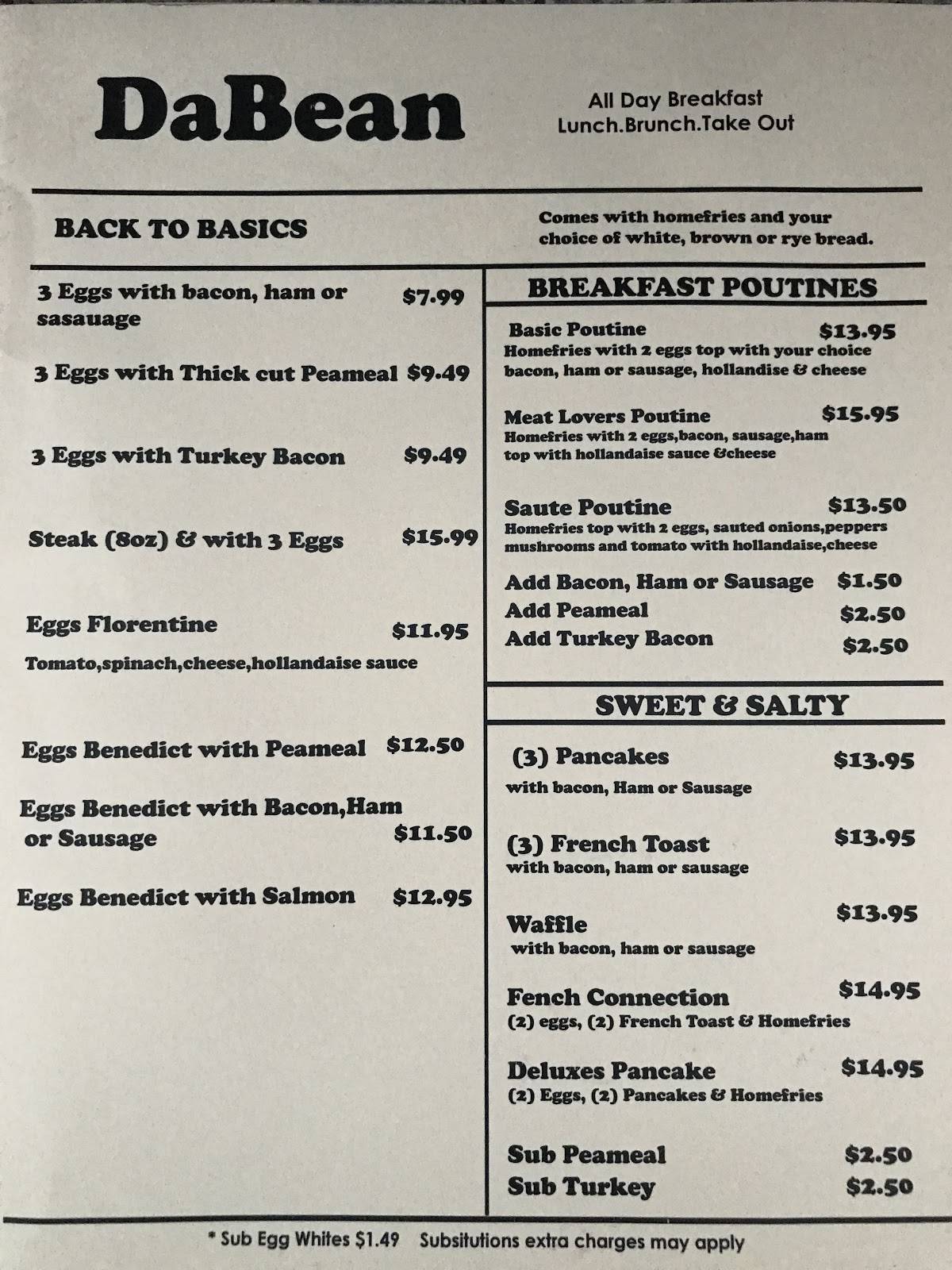 Menu at Da Bean Cafe & Grill, Caledon