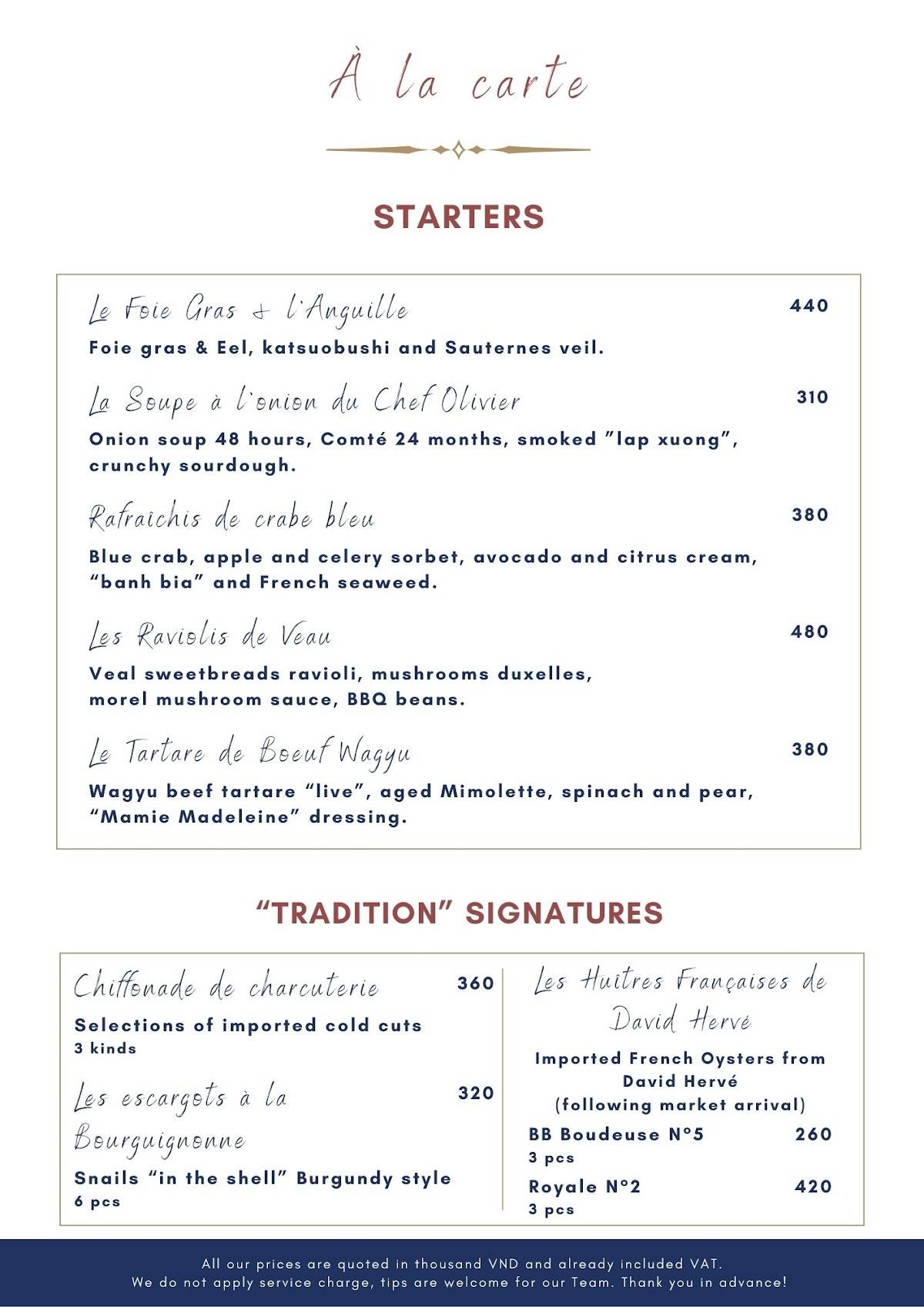 Menu at Le Comptoir restaurant, Da Nang, 16 Chế Lan Viên