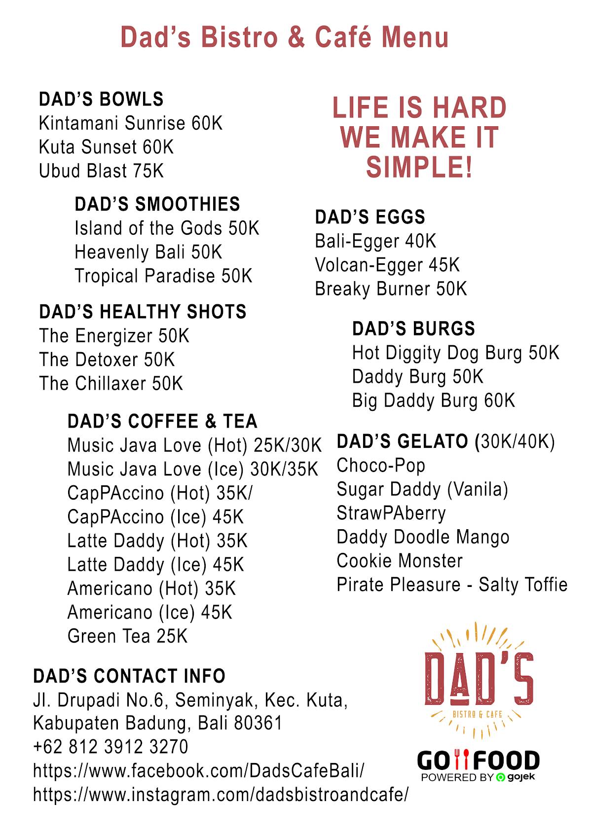 Menu at Dad's Coffee Co. cafe, Denpasar