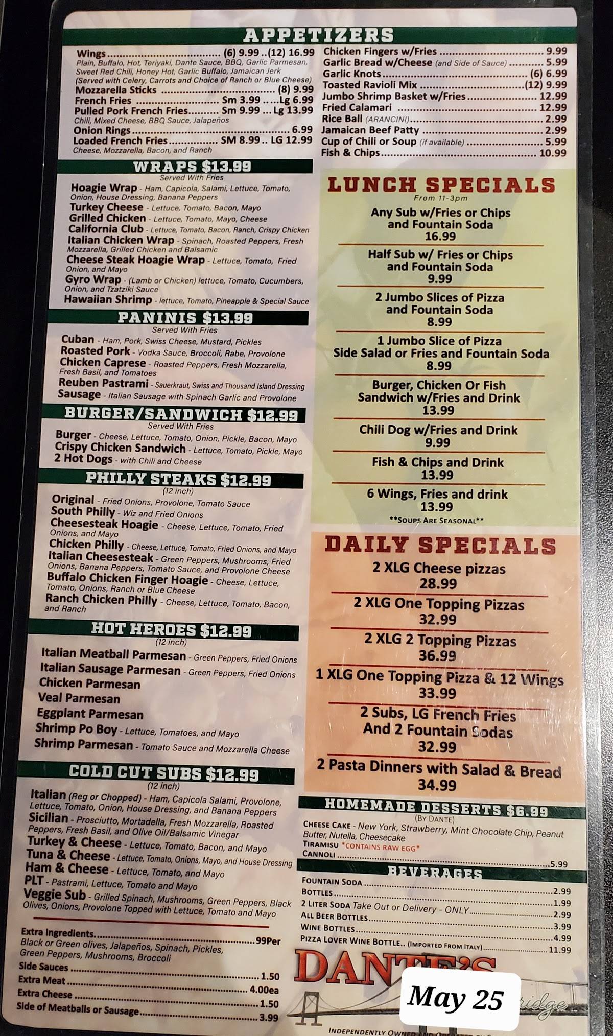 Menu at Dante's of Ironbridge pizzeria, Chester